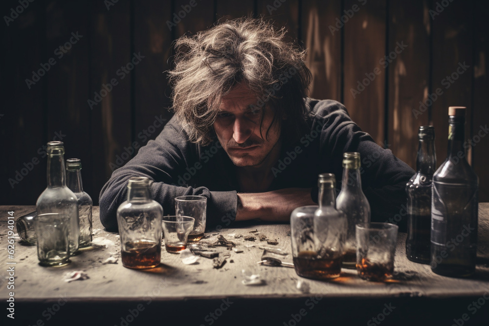 Depressed, drunk, and depraved man slumped over a table, surrounded by ...