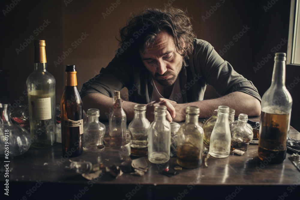 ภาพประกอบสต็อก Depressed, drunk, and depraved man slumped over a table ...