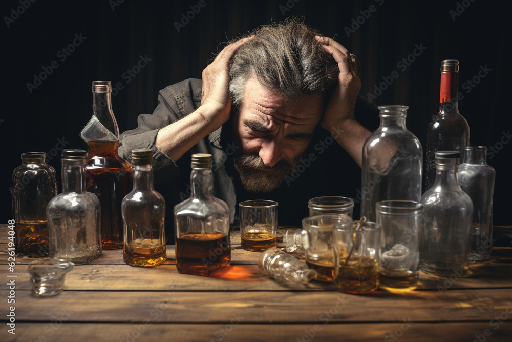 Depressed, drunk, and depraved man slumped over a table, surrounded by ...