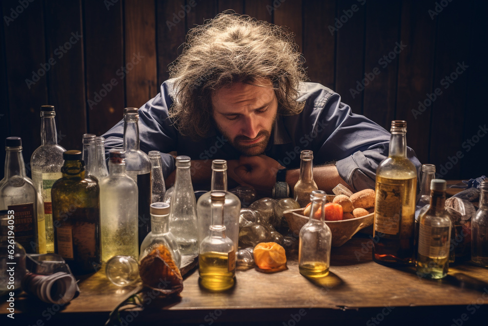 Depressed, drunk, and depraved man slumped over a table, surrounded by ...