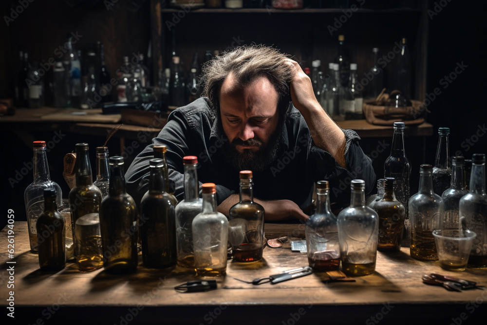 Depressed, drunk, and depraved man slumped over a table, surrounded by ...