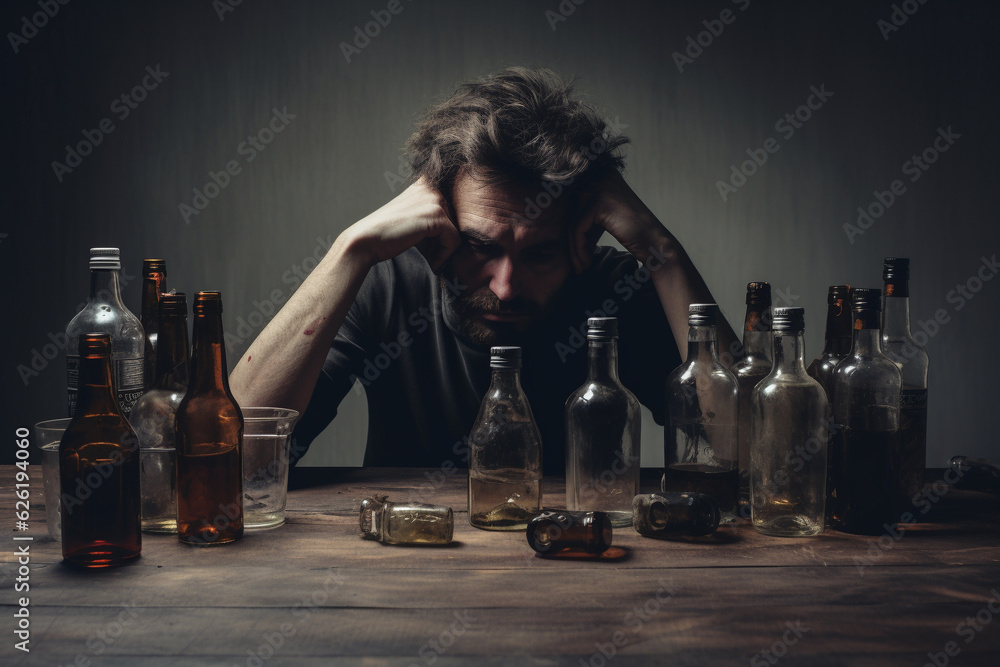 Depressed, drunk, and depraved man slumped over a table, surrounded by ...