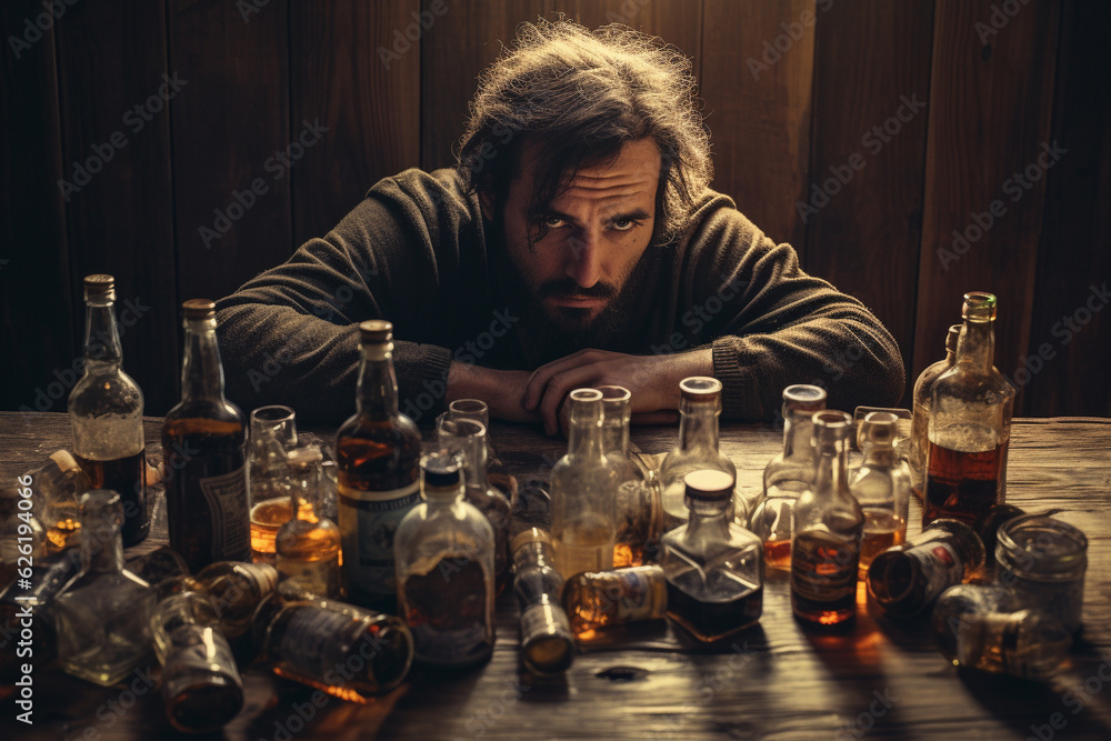 Depressed, drunk, and depraved man slumped over a table, surrounded by ...