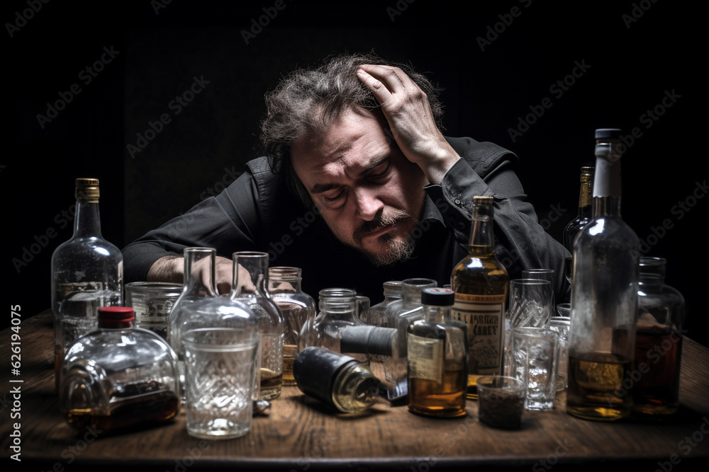 Depressed, drunk, and depraved man slumped over a table, surrounded by ...