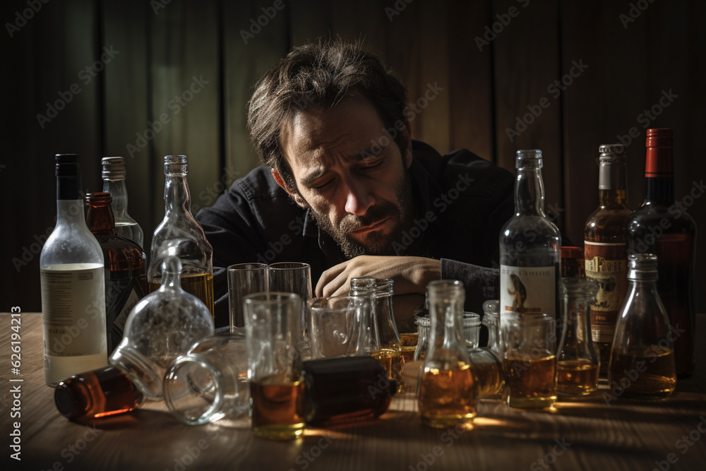 Depressed, drunk, and depraved man slumped over a table, surrounded by ...