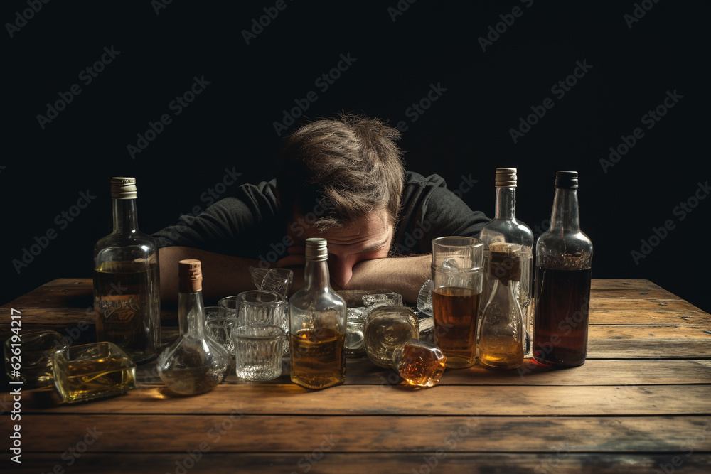 Depressed, drunk, and depraved man slumped over a table, surrounded by ...