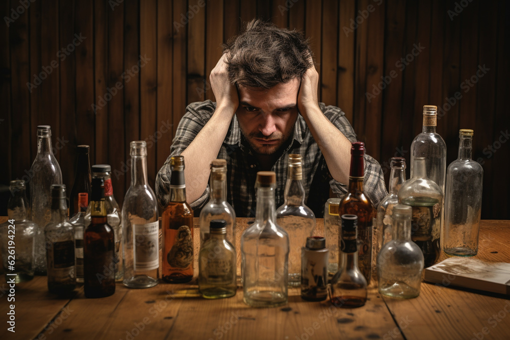 Depressed, drunk, and depraved man slumped over a table, surrounded by ...