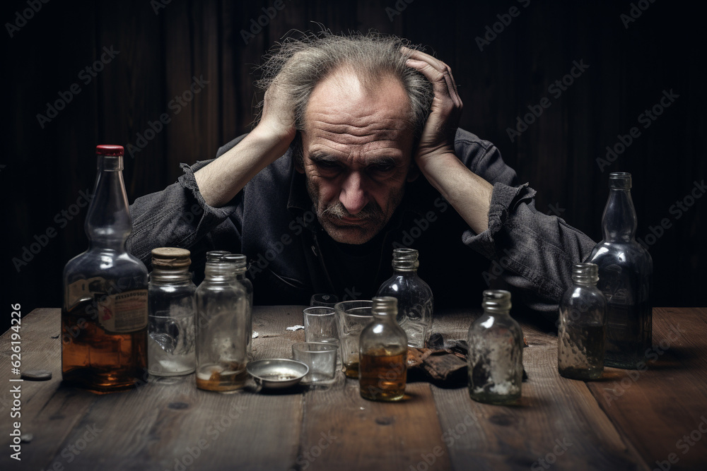 Depressed, drunk, and depraved man slumped over a table, surrounded by ...