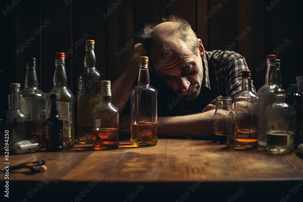 Depressed, drunk, and depraved man slumped over a table, surrounded by ...