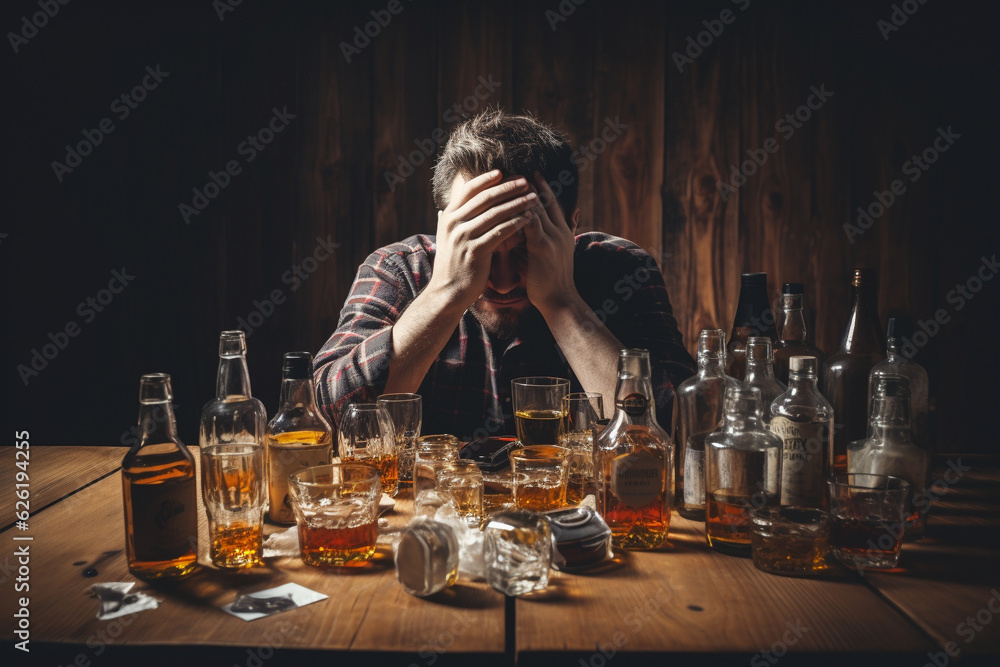 Foto de Depressed, drunk, and depraved man slumped over a table ...