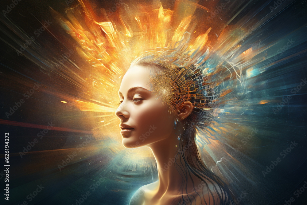 Woman enveloped by an expansive universe of thoughts, memories, and ...