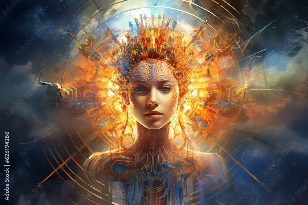 Woman enveloped by an expansive universe of thoughts, memories, and ...