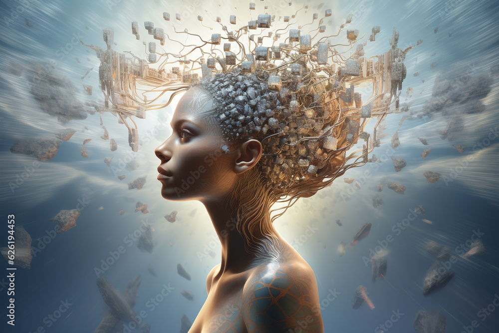 Woman enveloped by an expansive universe of thoughts, memories, and ...