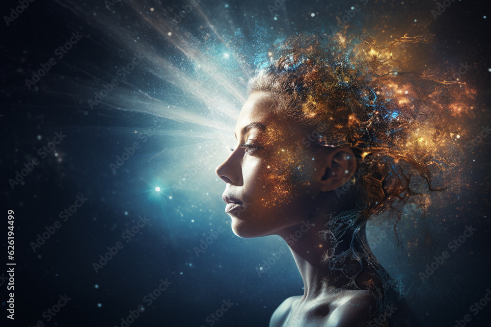Foto de Woman enveloped by an expansive universe of thoughts, memories ...