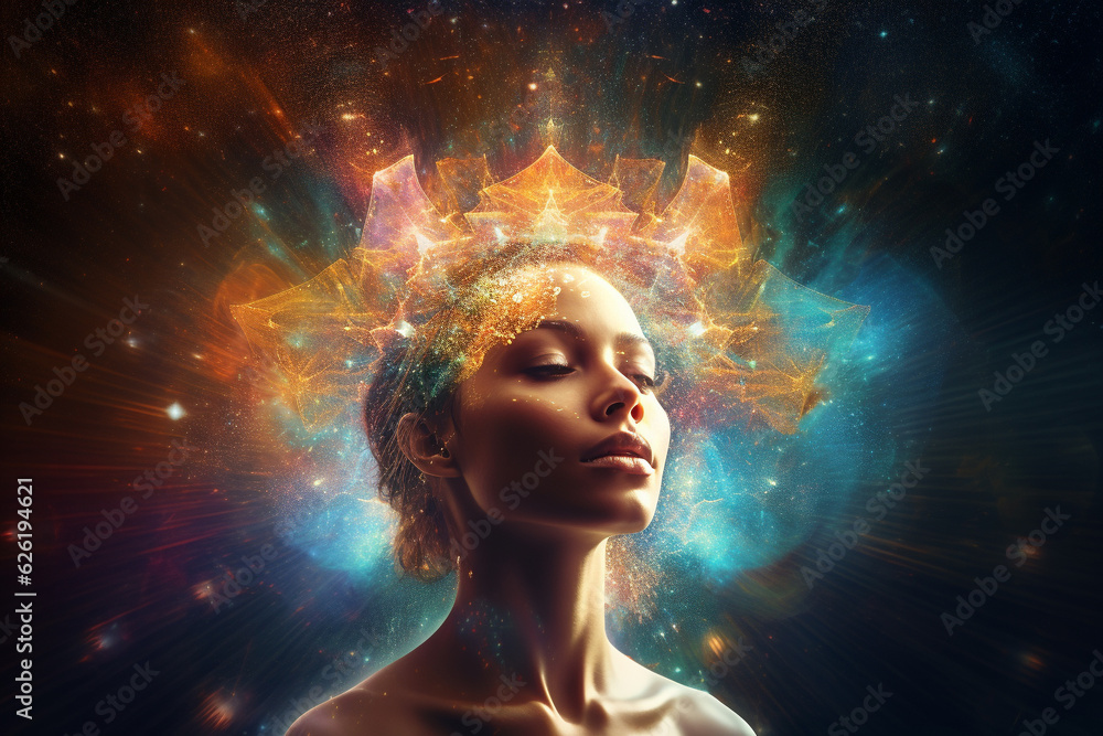 Woman enveloped by an expansive universe of thoughts, memories, and ...