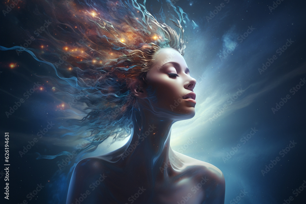 Woman enveloped by an expansive universe of thoughts, memories, and ...