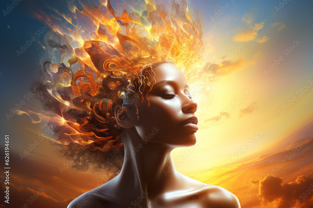 Woman enveloped by an expansive universe of thoughts, memories, and ...