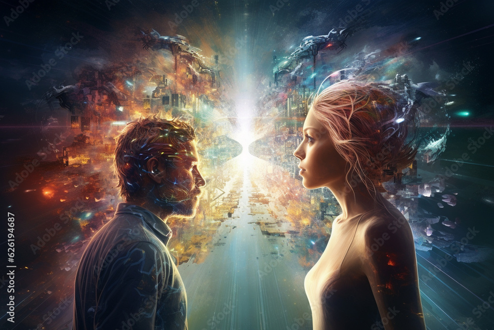 Woman enveloped by an expansive universe of thoughts, memories, and ...