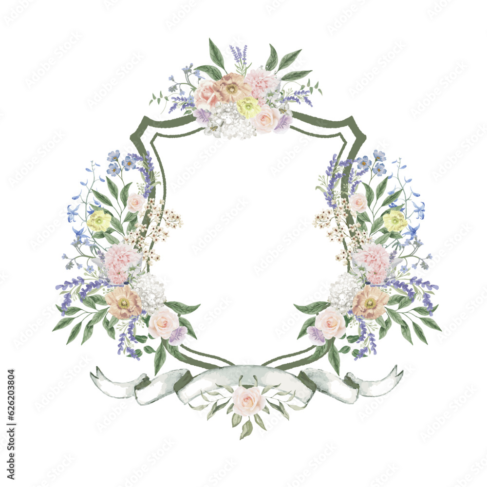 Painted wedding watercolor floral crest. Watercolor crest wildflower ...