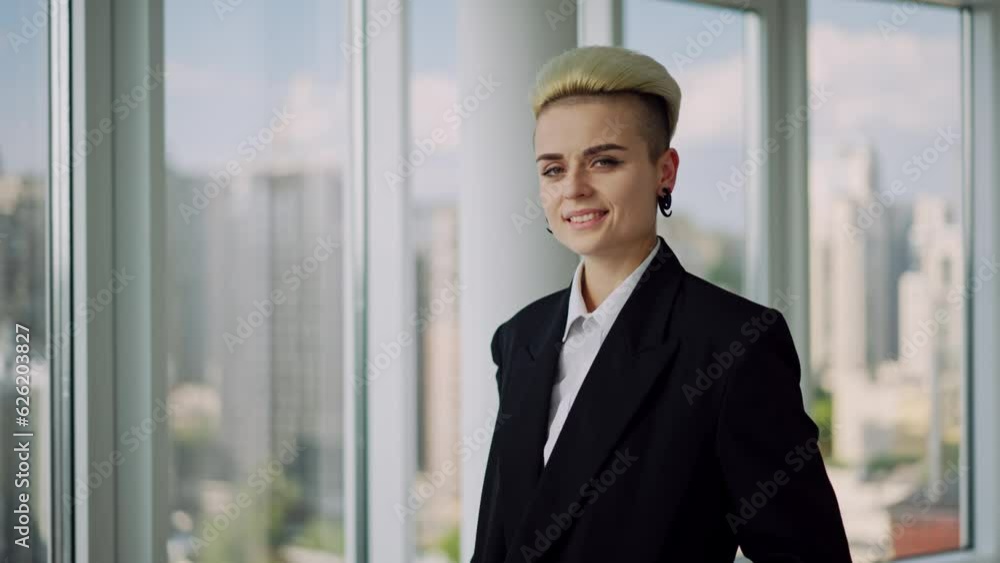 Beautiful Authentic LGBT woman in Modern Office with Short White Hair ...