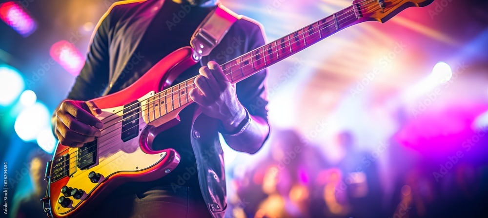 Electric bass player at concert background. Generative AI technology ...