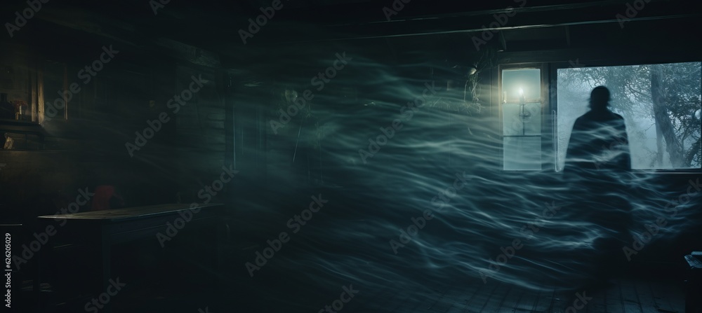 Blurred ghost shadow on haunted melancholic dark room background ...