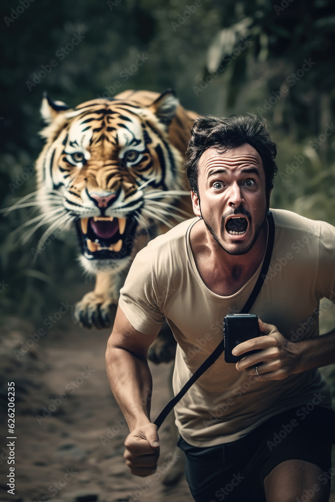 Terrified man runs away from an angry tiger along a path in the jungle ...