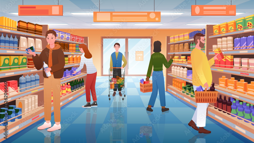 People in aisle of supermarket or grocery store vector illustration ...