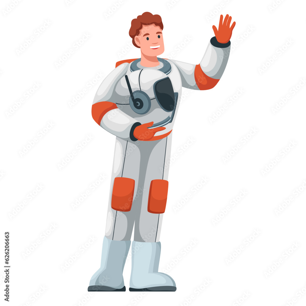 Astronaut waving vector illustration. Cartoon isolated spaceman holding ...