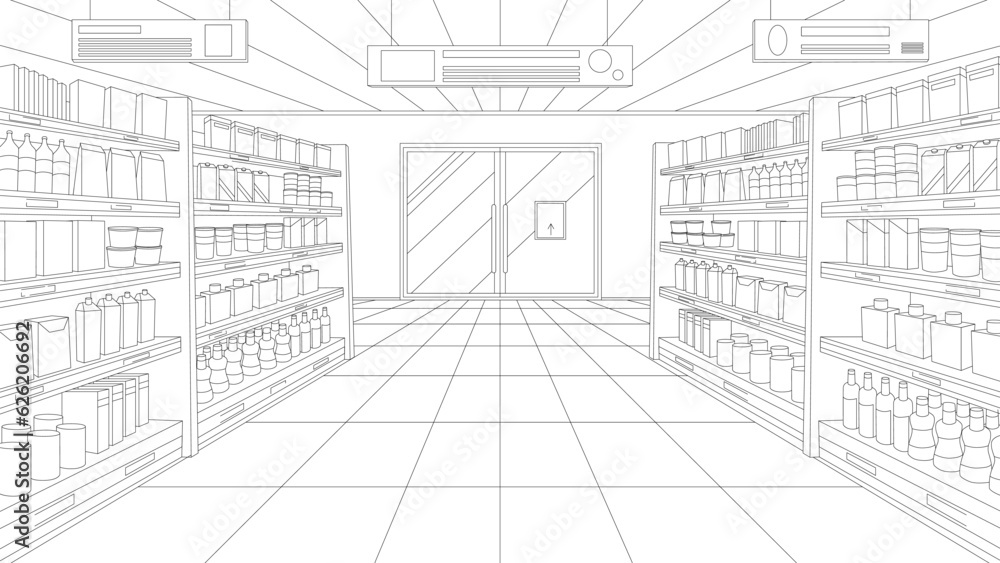 Supermarket or grocery store aisle, perspective sketch of interior ...