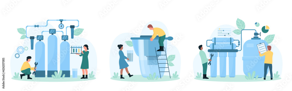 Water purification set vector illustration. Cartoon tiny people repair ...