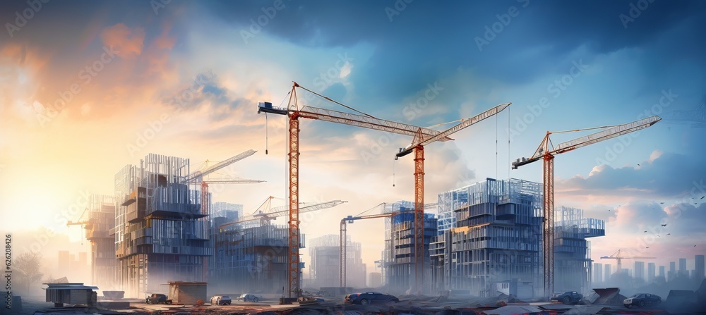 High-rise resident building construction sites and tower cranes ...