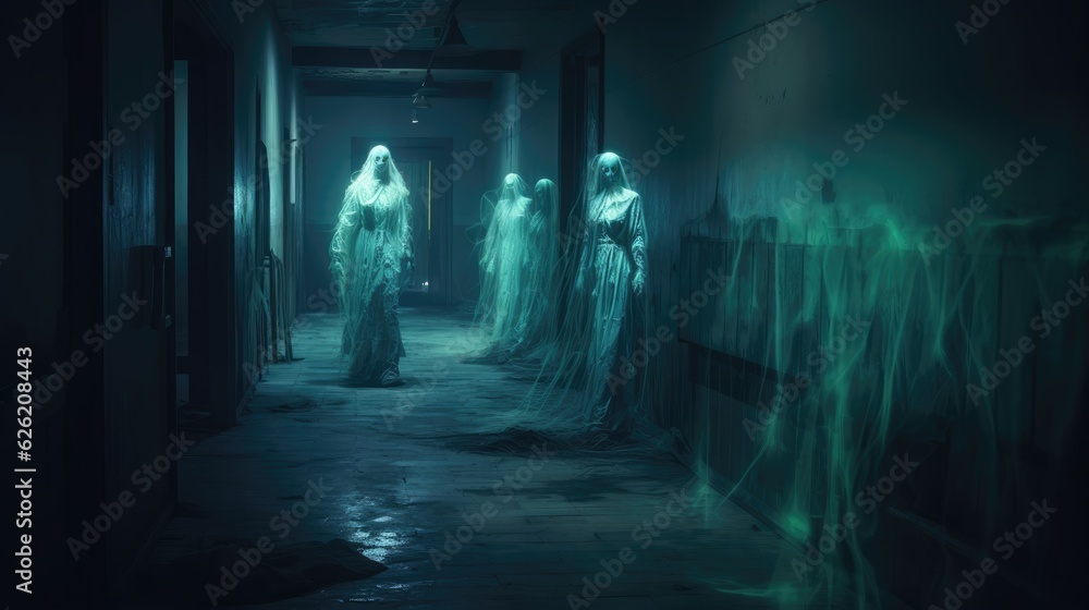 Dilapidated hospital hallway with ghostly apparitions. Halloween ...