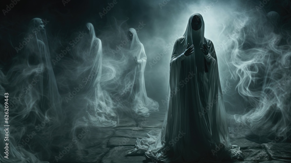 Wisps of fog dance around a spectral figure. Halloween concept for ...