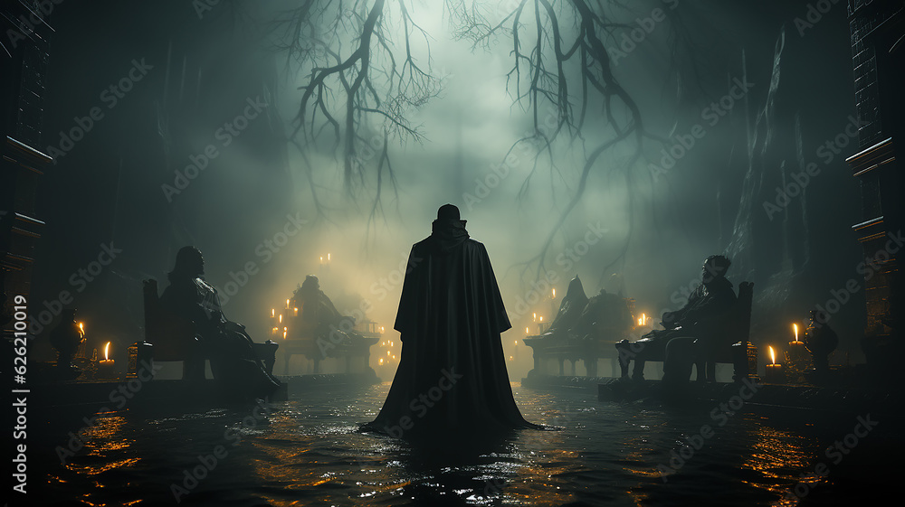 Dark person view from the back in the throne room horror, lord of evil ...