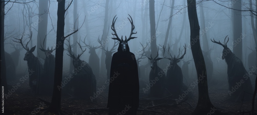 Deer head cult do ritual at haunted foggy forest background. Generative ...