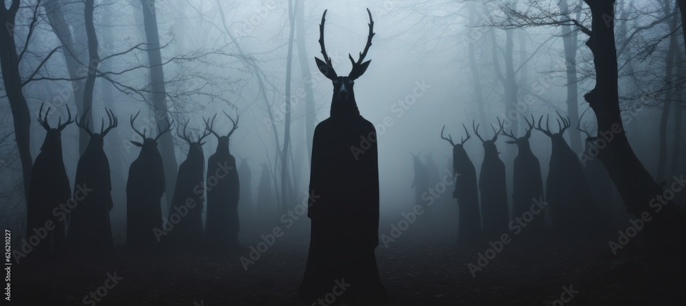 Group of deer head cult creature at haunted foggy forest background ...