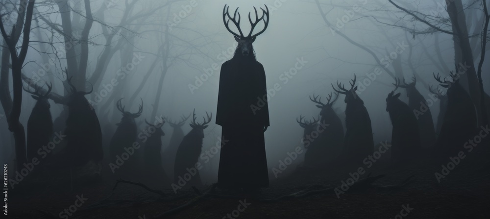 Evil deer head demon cult at haunted foggy forest background ...