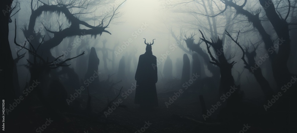 Evil demon cult at haunted foggy forest background. Generative AI ...