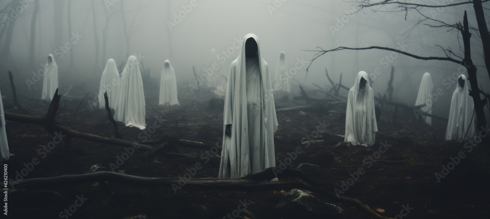 Creepy evil cult at haunted foggy forest background. Generative AI ...