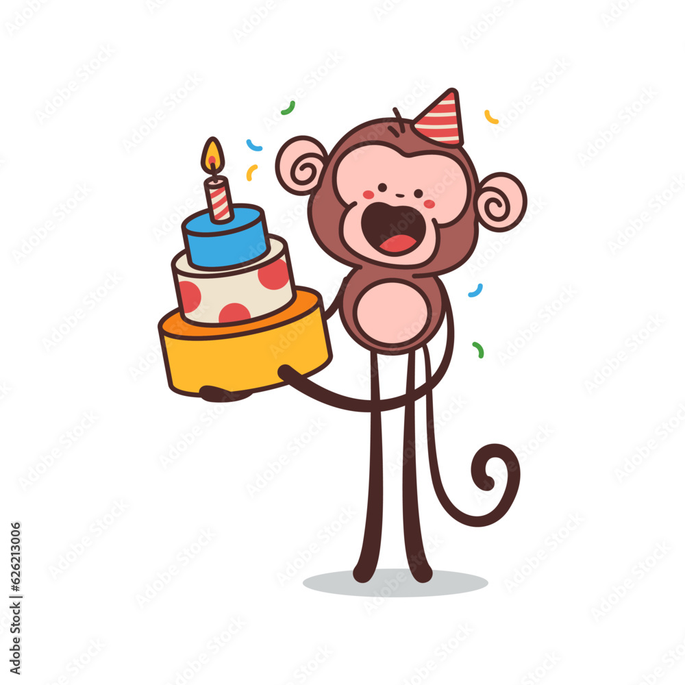 Cute monkey celebrating birthday vector cartoon character isolated on a ...
