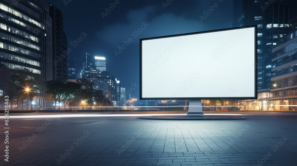 Blank digital ad screen set in a futuristic high-tech smart city ...