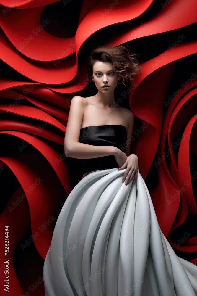 Stunning female model in a fashion pose surrounded by red and white ...