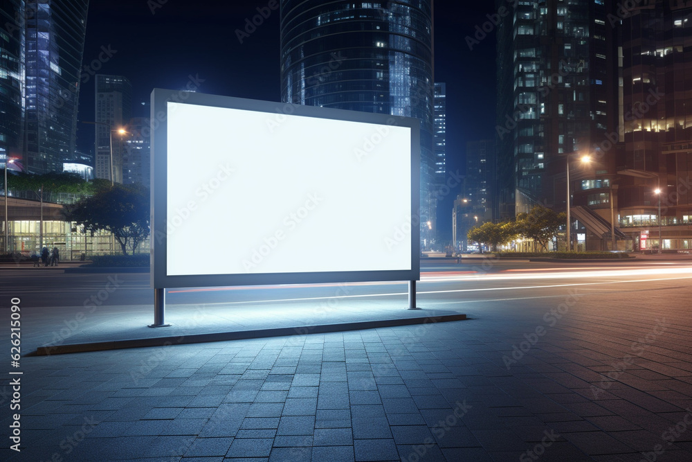 Blank digital ad screen set in a futuristic high-tech smart city ...