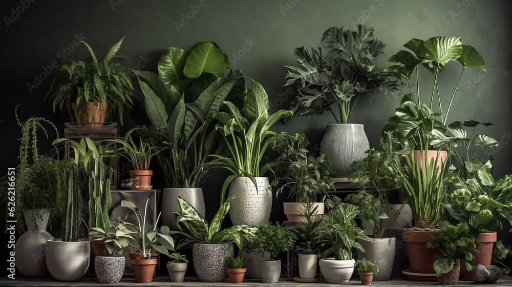 Plants in pots at wall background, realistic houseplants potted in ...