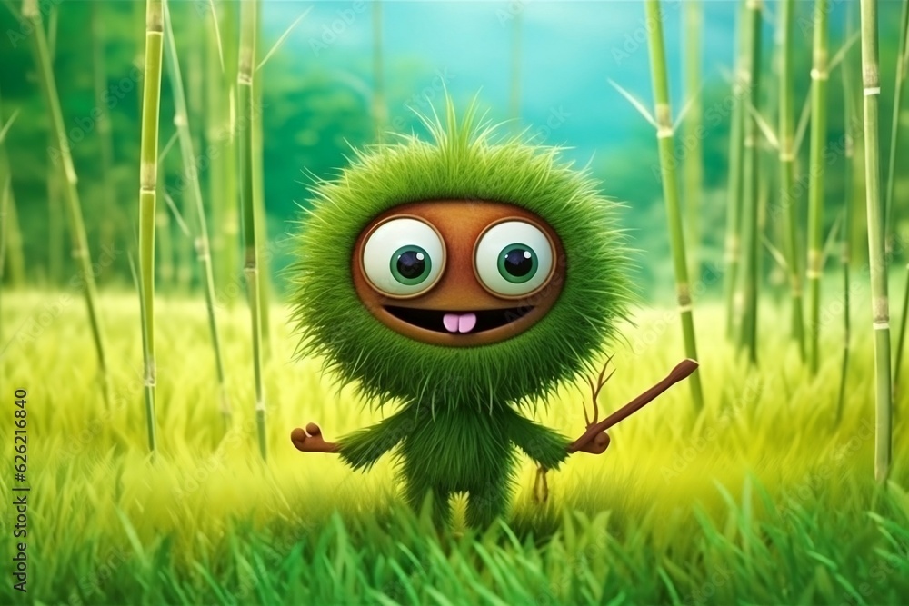 Little cute grass and bamboo character on greenery and bamboo ...