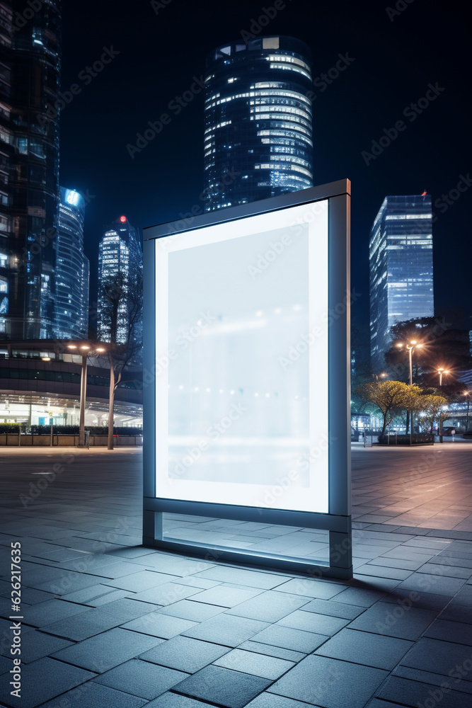 Blank digital ad screen set in a futuristic high-tech smart city ...