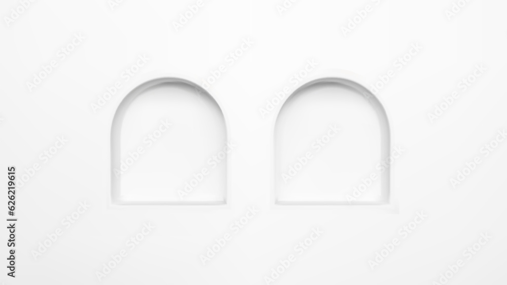 3d white wall with two empty arch box shelf. Double arc rack display ...