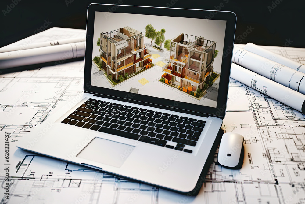 Digital design through architectural design software on laptop screen ...