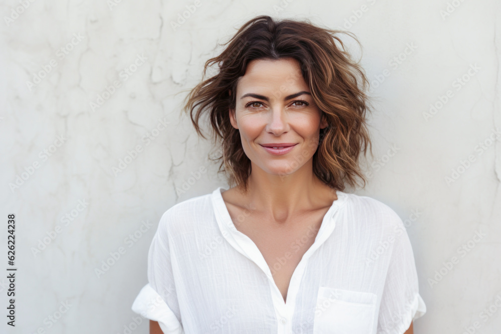Smiling 40 year old woman in white shirt posing in front of a plaster wall. Stock Photo | Adobe ...